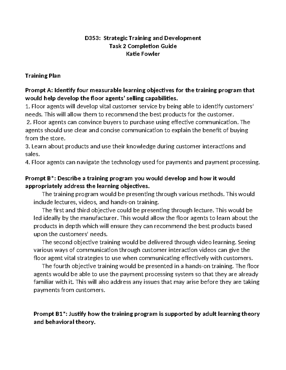 D353: Strategic Training & Development Task 2 - Training Plan Guide ...