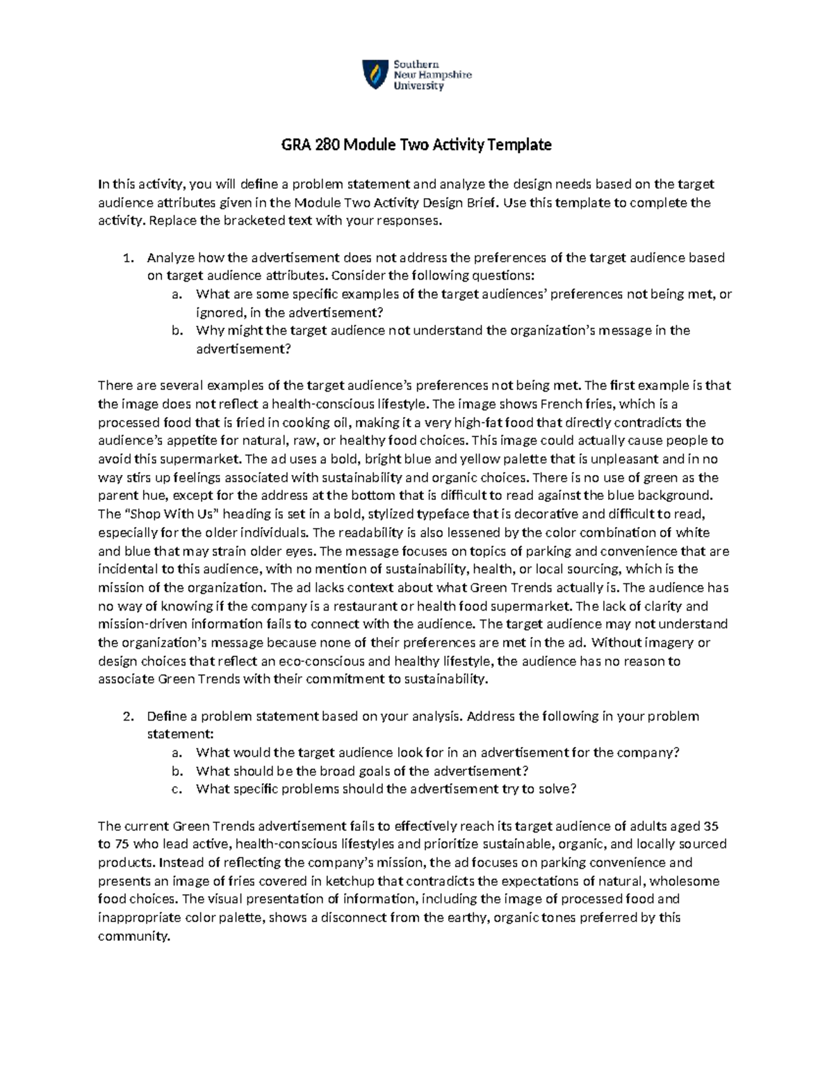 GRA 280 2-2 Activity: Analyzing Target Audience Preferences - Studocu