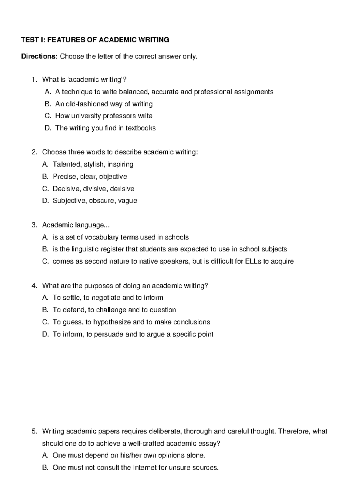 English 7 Exam - Exam for gr. 7 - TEST I: FEATURES OF ACADEMIC WRITING ...