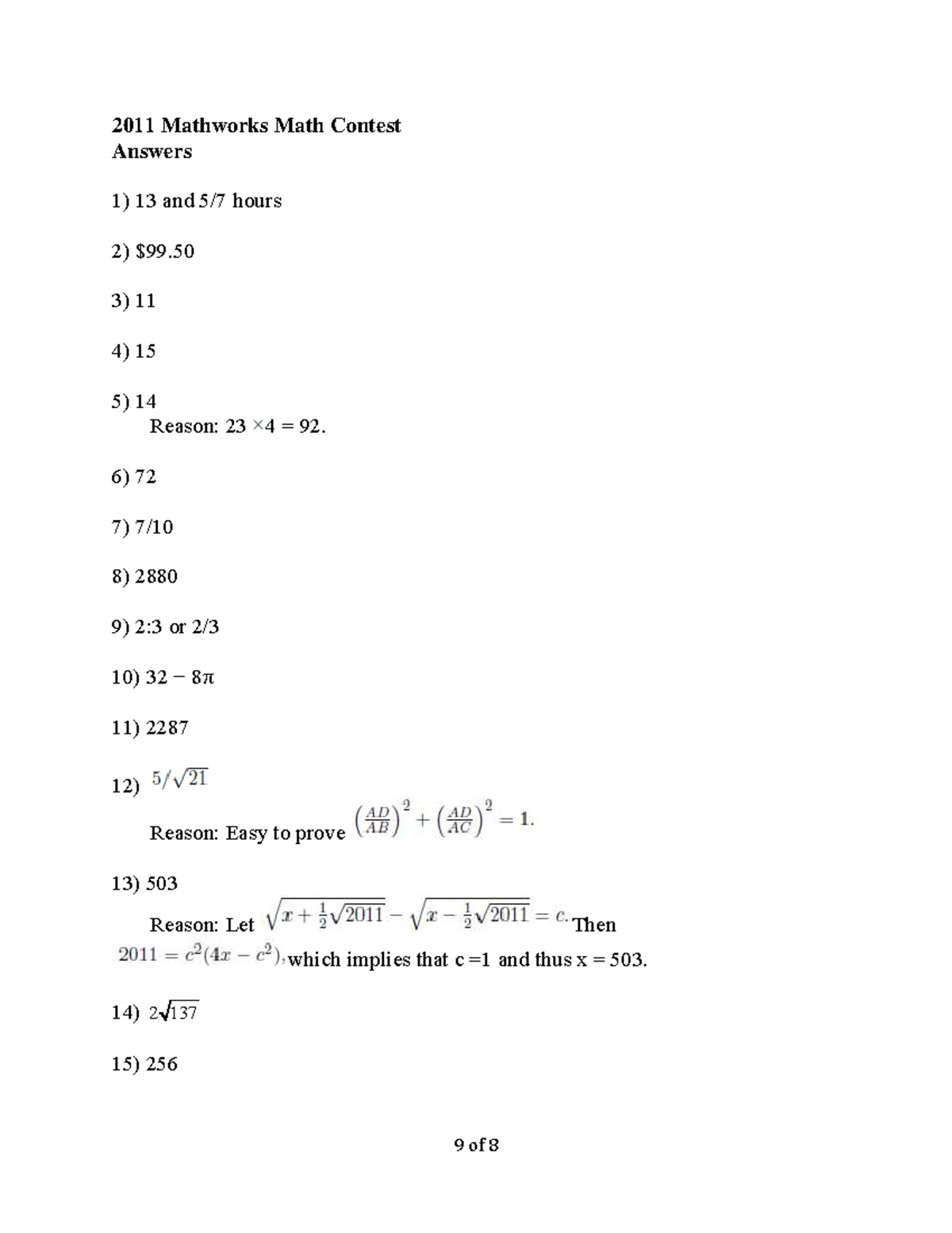 2011 MMC Answers - notes - MATH 2414 - 9 of 8 2011 Mathworks Math ...
