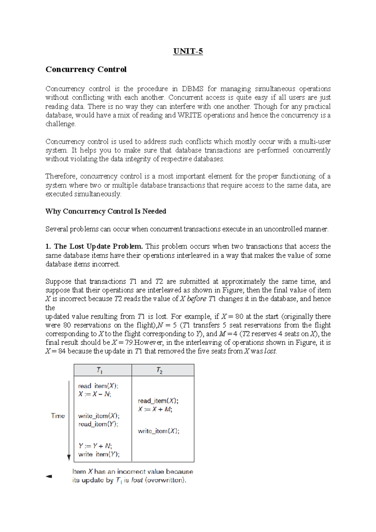 DBMS Unit-5 Notes - UNIT- Concurrency Control Concurrency control is ...