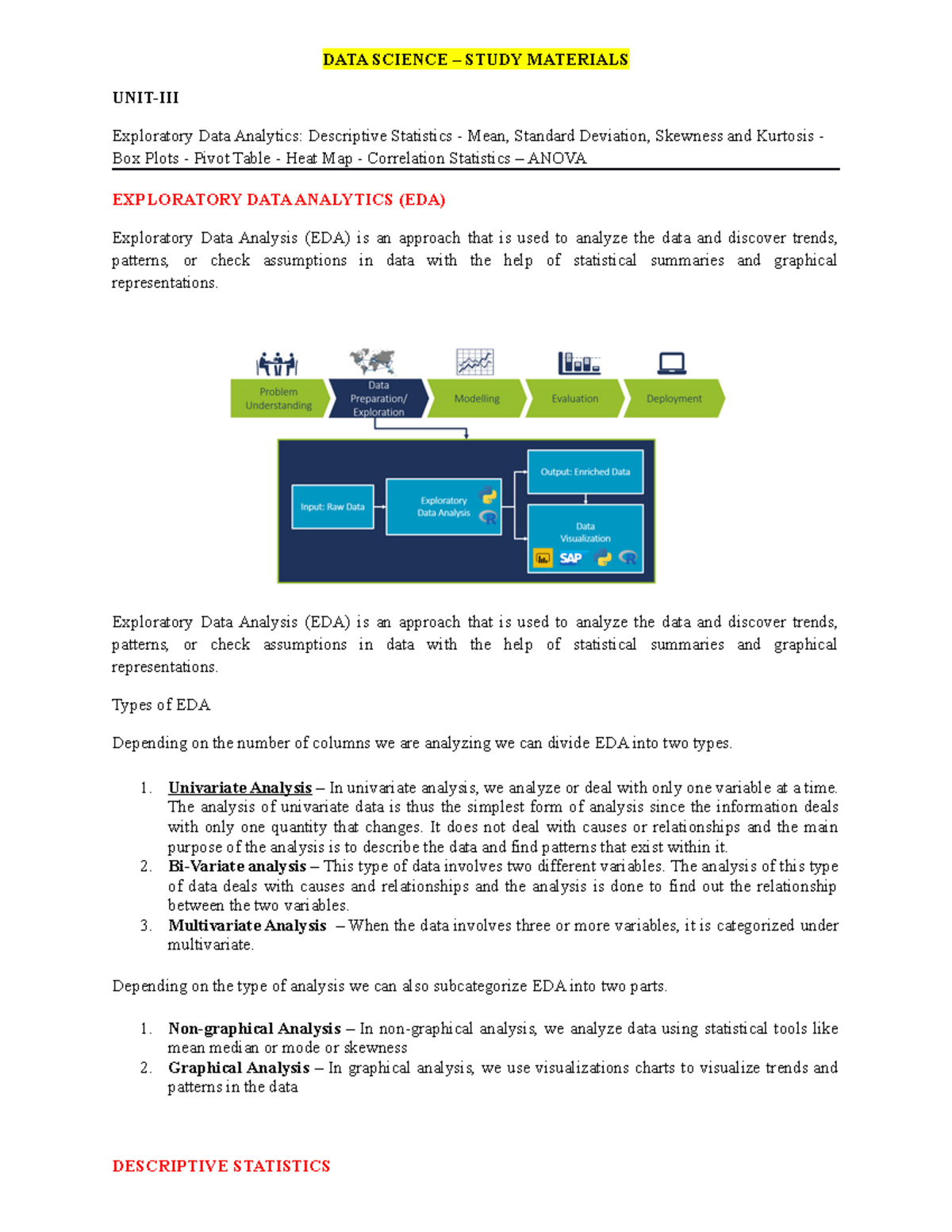 Unit-3 Data Science: Exploratory Data Analytics and Descriptive Stats ...