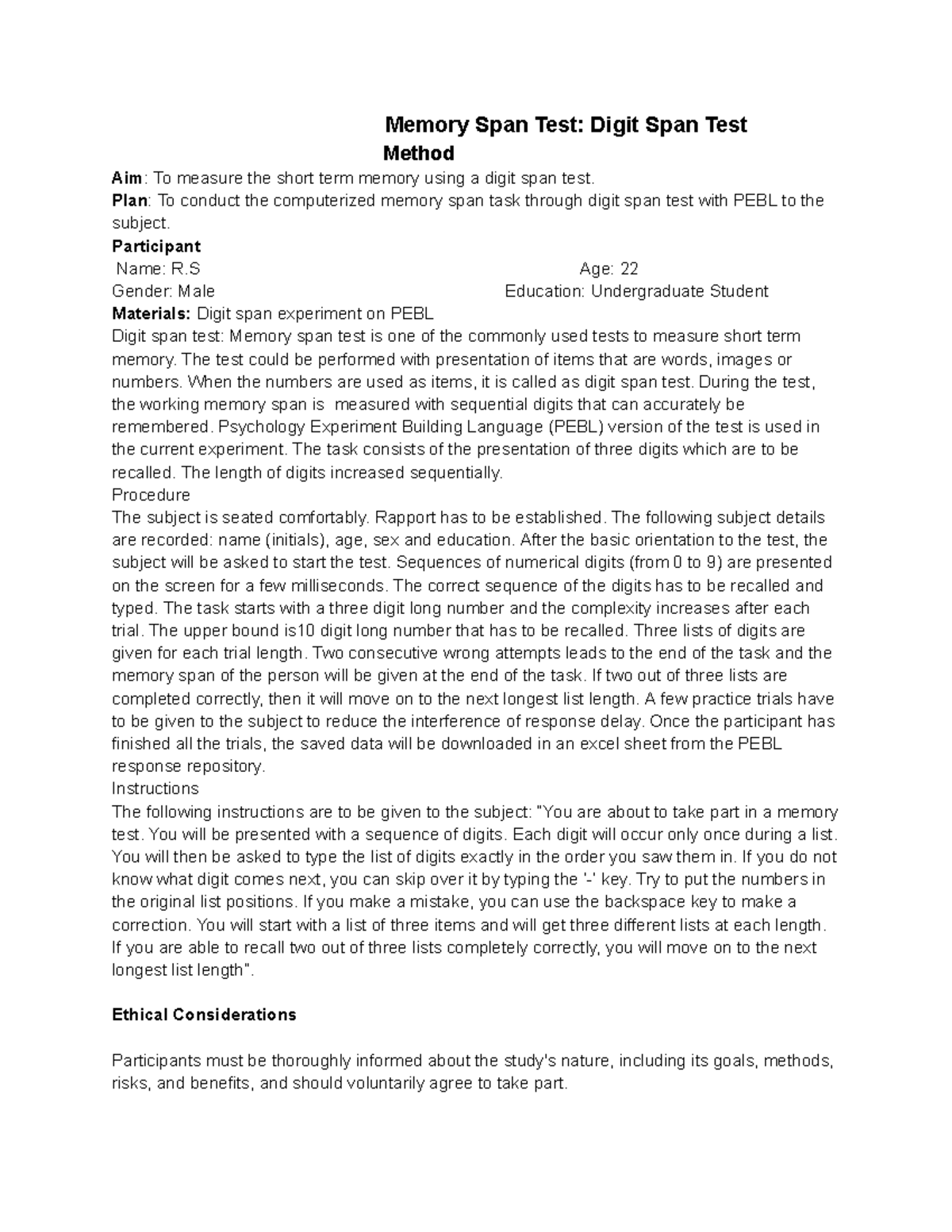 Digit Span Test - Memory Span Test: Digit Span Test Method Aim: To ...