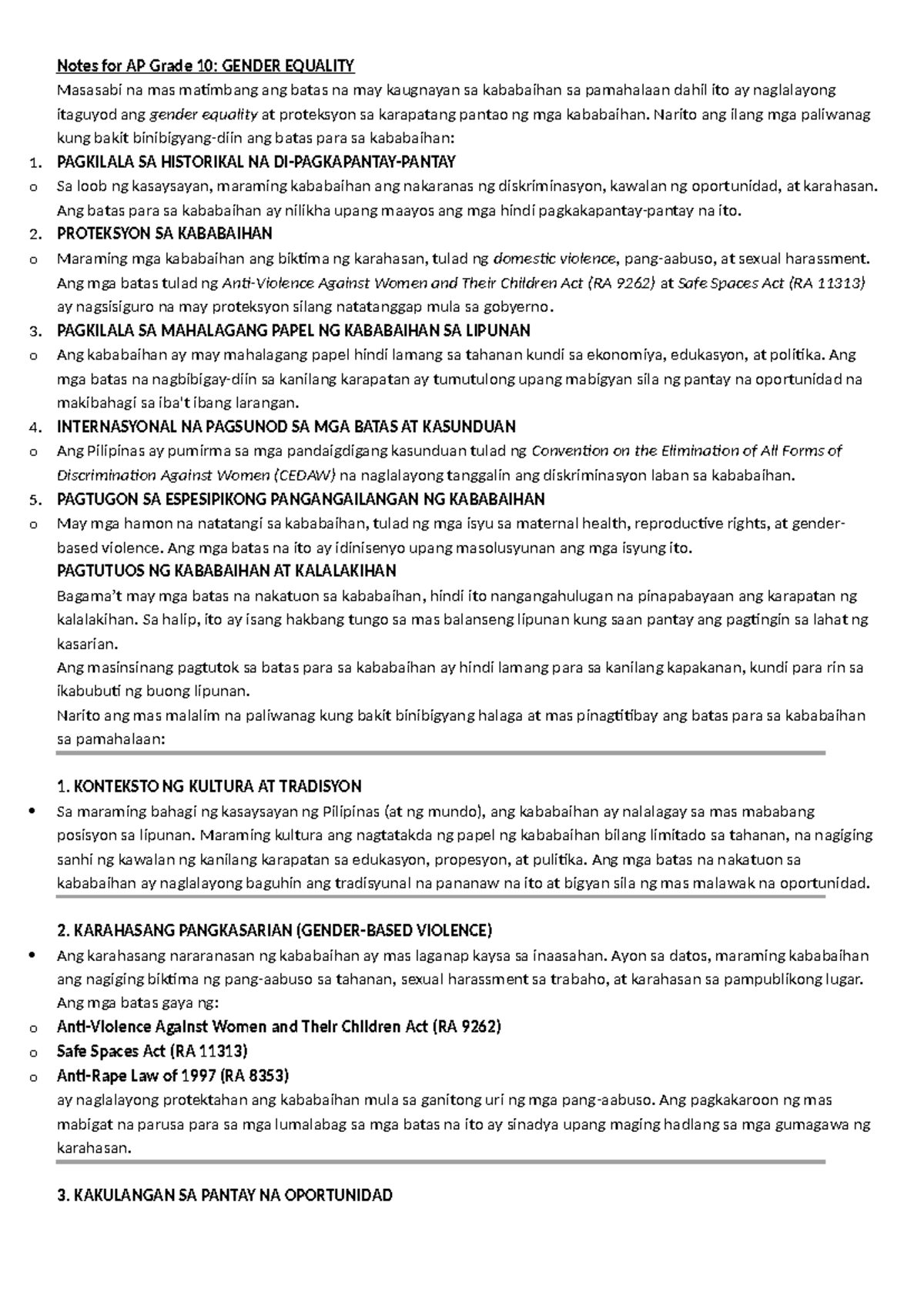 AP Grade 10: Gender Equality and Women's Human Rights Notes - Studocu