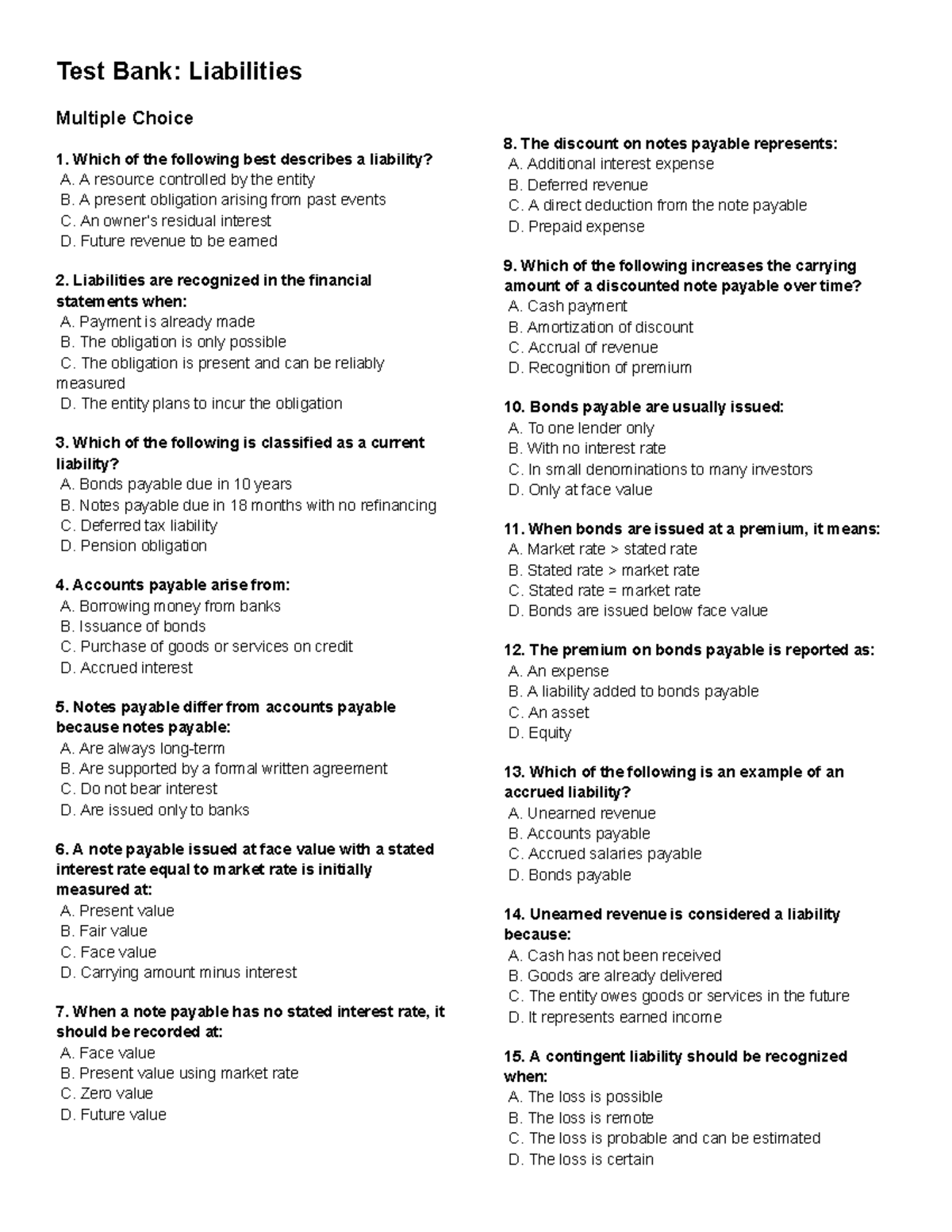 Liabilities Test Bank: Multiple Choice Questions (MCQ) - Studocu
