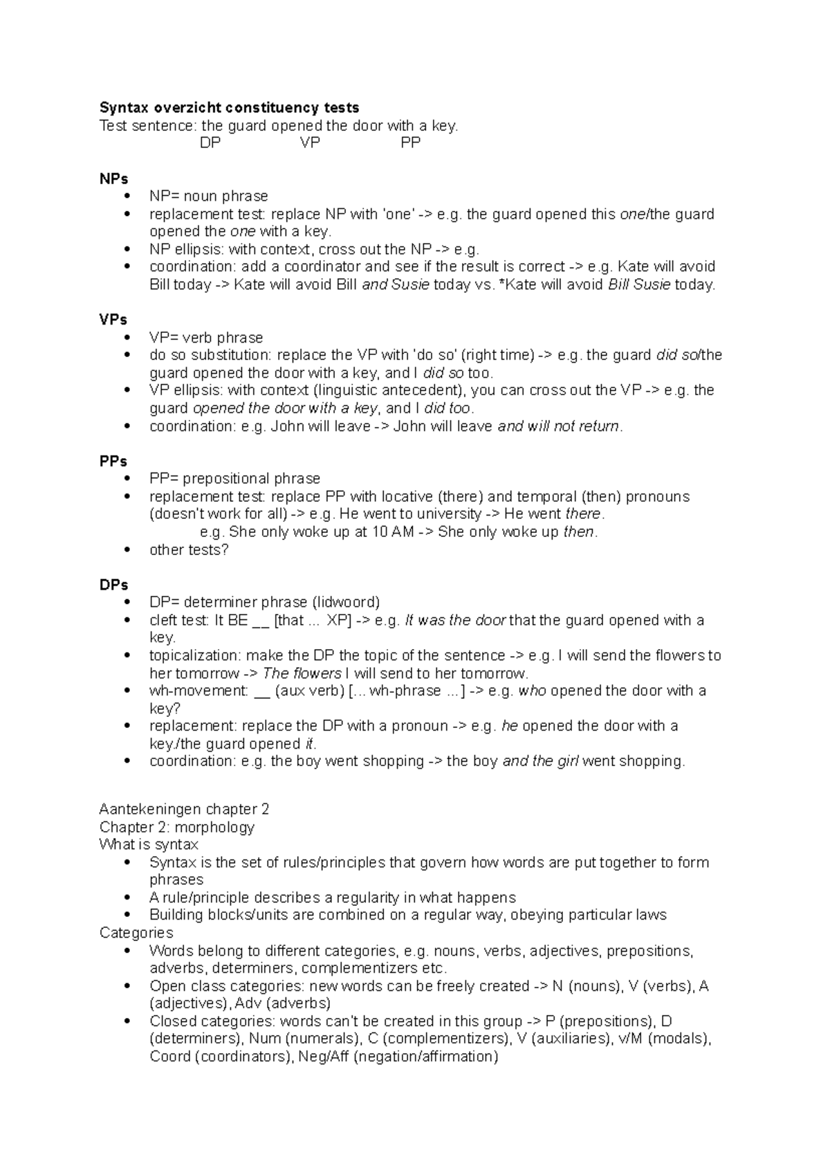 Aantekeningen Syntax en Constituency Tests - Les 3 en 4 - Studeersnel