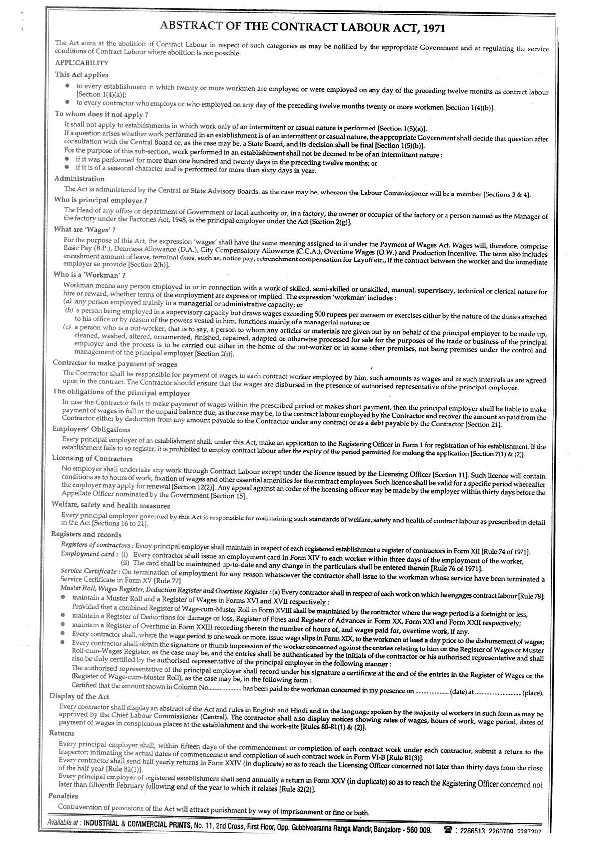 Abstract of the Contract Labour Act, 1971 - Key Provisions and ...