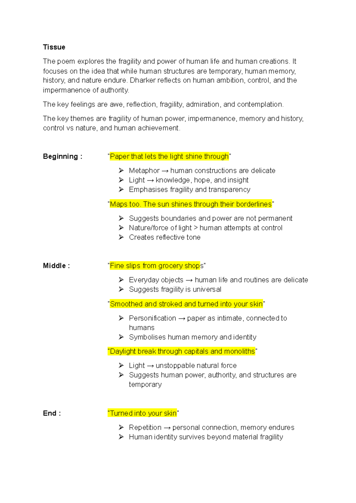 Tissue - Poem Analysis and Key Themes Notes - Studocu