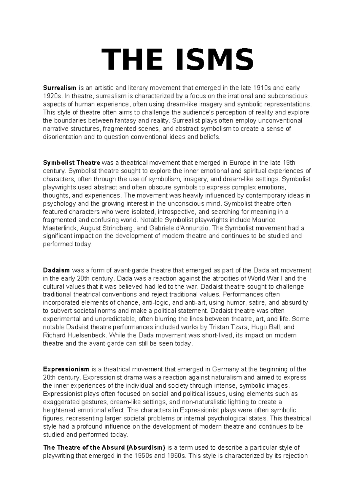 THE ISMS: Definitions & Key Concepts in Theatre Movements - Studocu