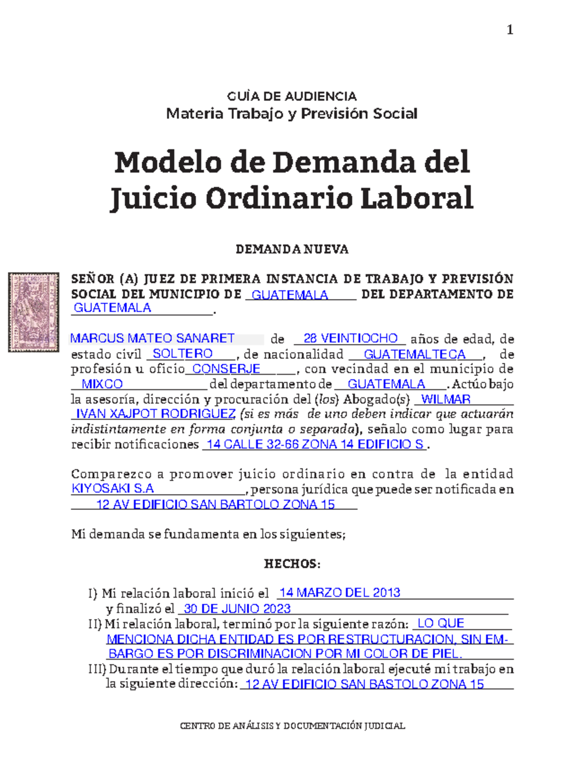 Modelo de Demanda Laboral - Juicio Ordinario OJ PDF - Studocu