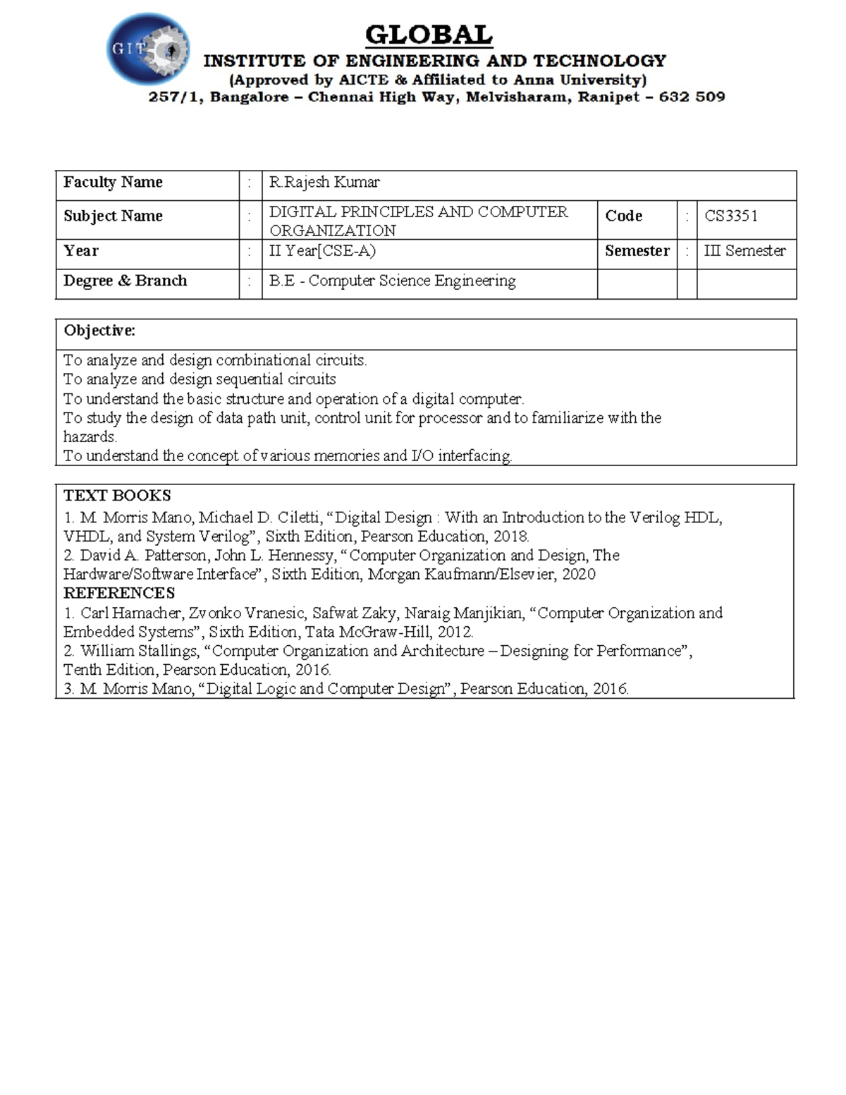 CSE-CS3351 - Digital Principles & Computer Organization Lecture Notes ...