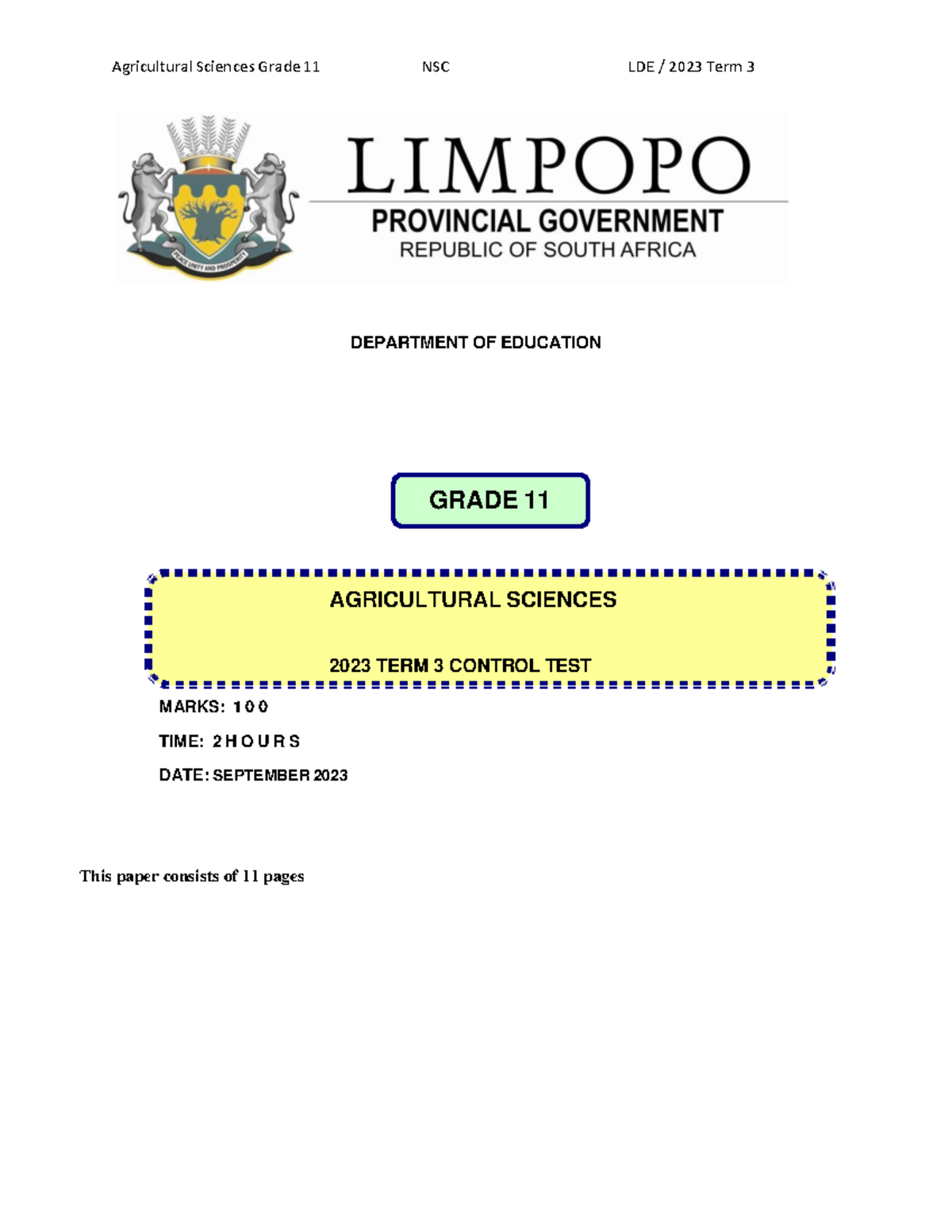 AGRS Grade 11 Term 3 Control Test - September 2023 - Studocu