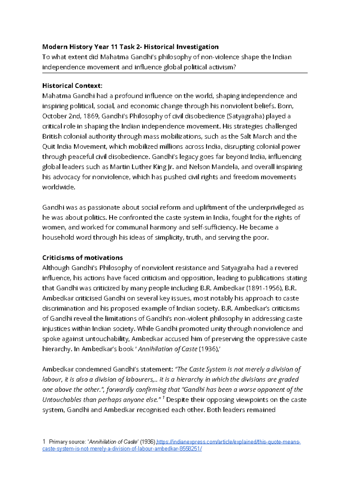 Modern History Year 11 Task: Gandhi's Influence on Indian Independence ...