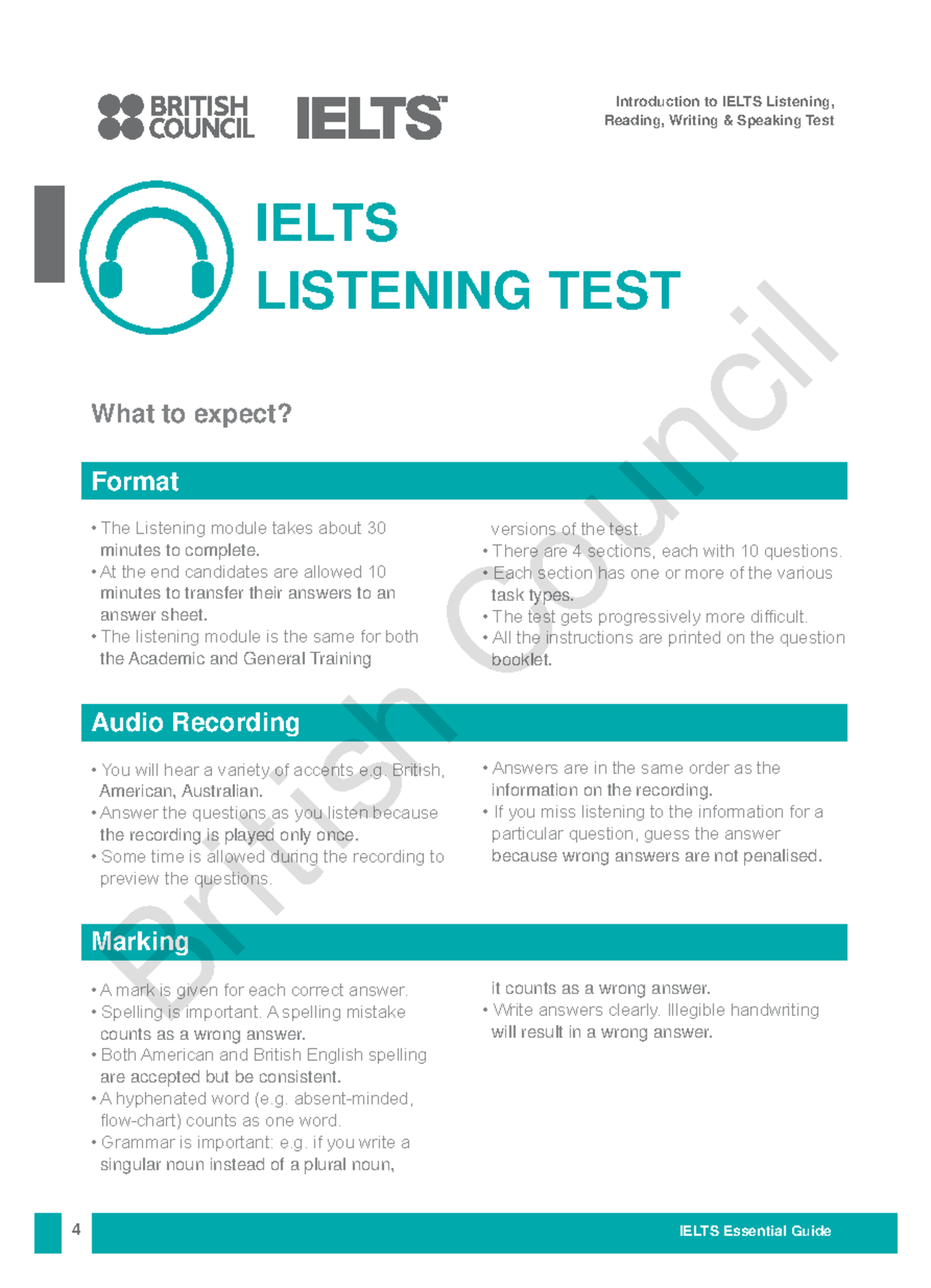 IELTS Essential Guide: Listening, Reading, Writing Test Overview - Studocu