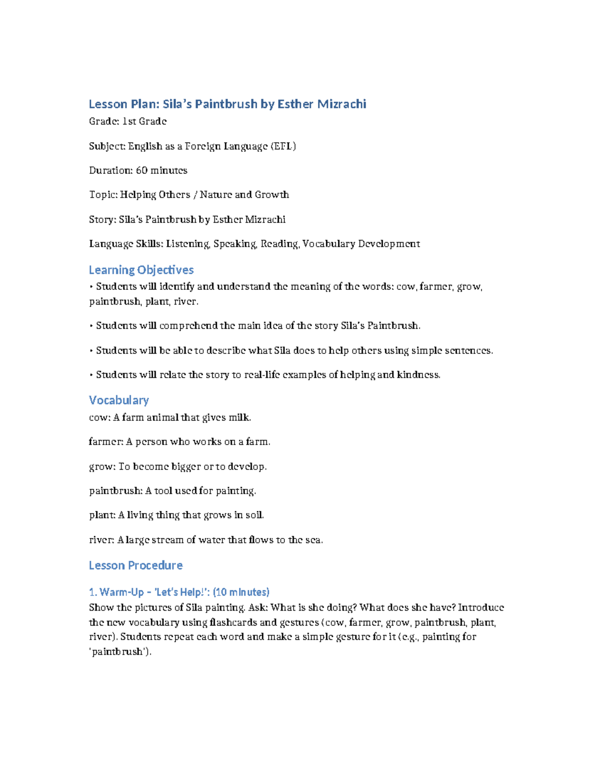 Lesson Plan: EFL 1st Grade - Helping Others with Paintbrush - Studocu