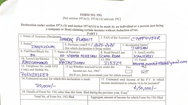 Form No. 15G Declaration Under Section 197A for Individual Income - Studocu