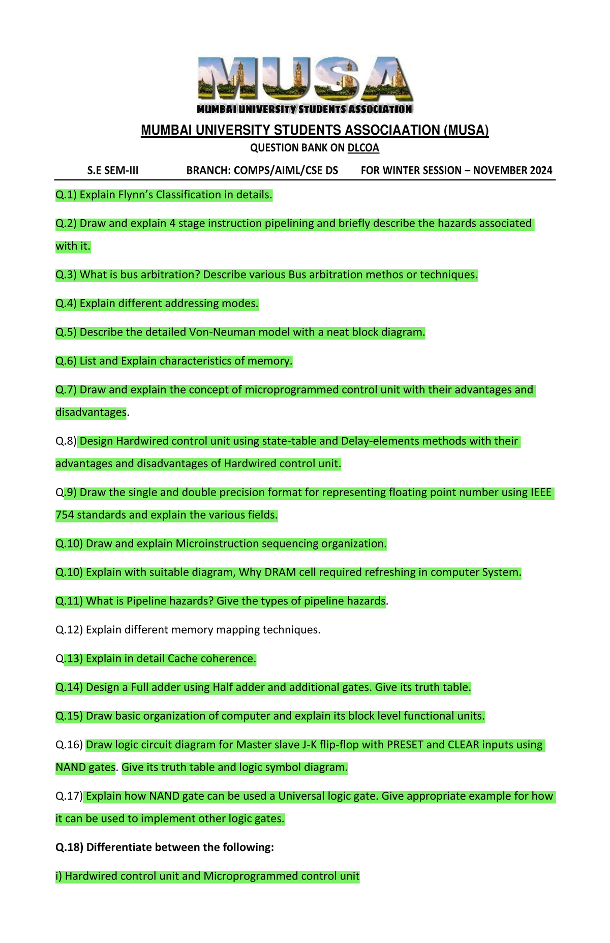 DLCA QB - Comprehensive Question Bank for DLCOA (Sem-III, CSE/AIML ...