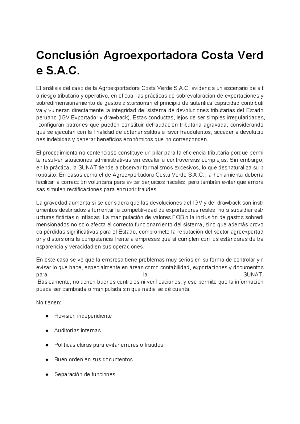Conclusiones del Caso 3: Riesgos Tributarios en Agroexportadora Costa ...