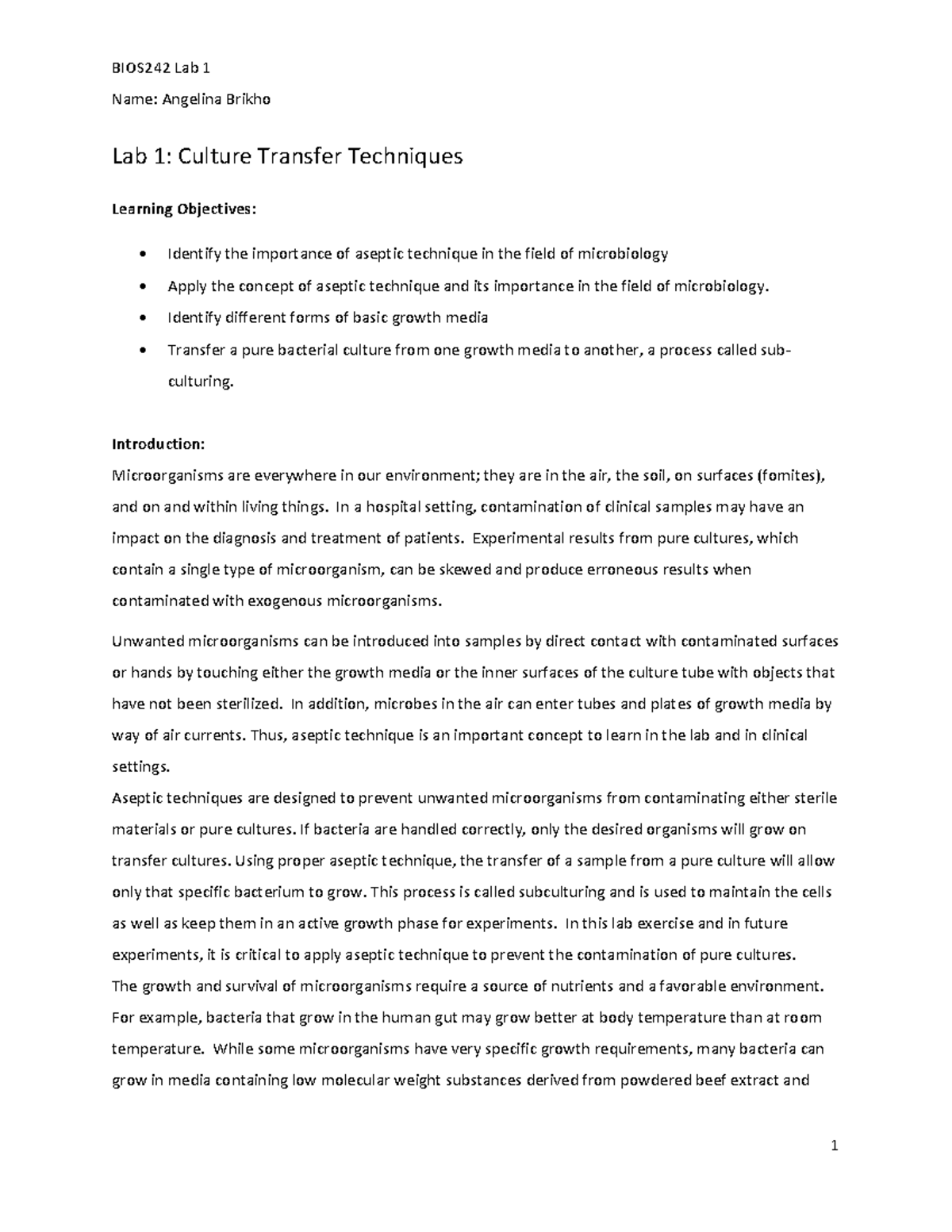 BIOS242 Week 1 Lab 1: Aseptic Culture Transfer Techniques Explained ...
