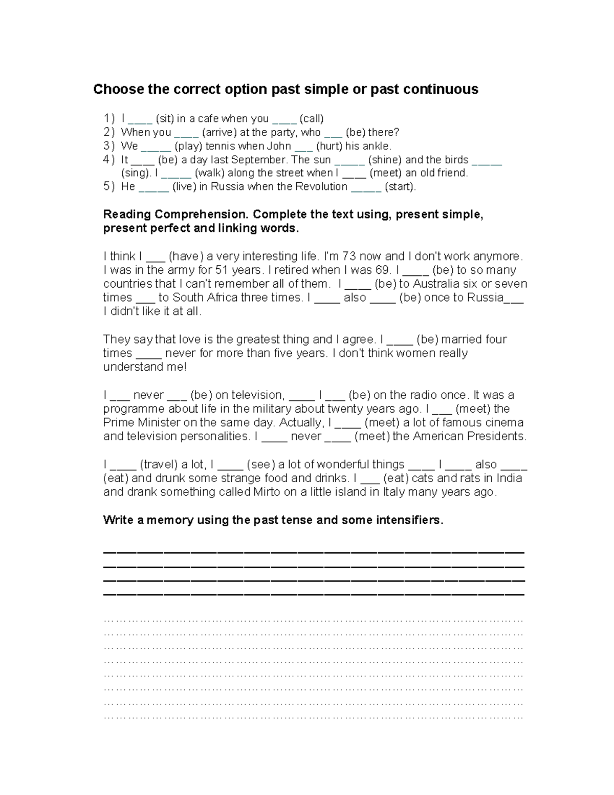 Book 3 Quiz 1: Past Simple vs. Past Continuous Exercises - Studocu
