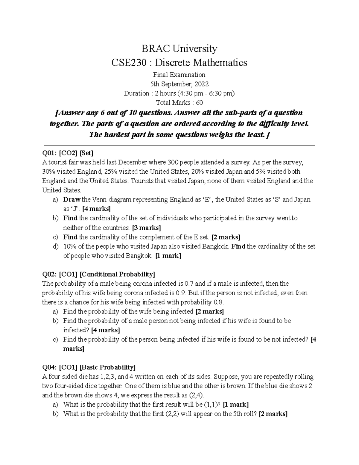 Summer Final CSE230 Discrete Mathematics (Final Exam Questions) - BRAC University CSE230 ...