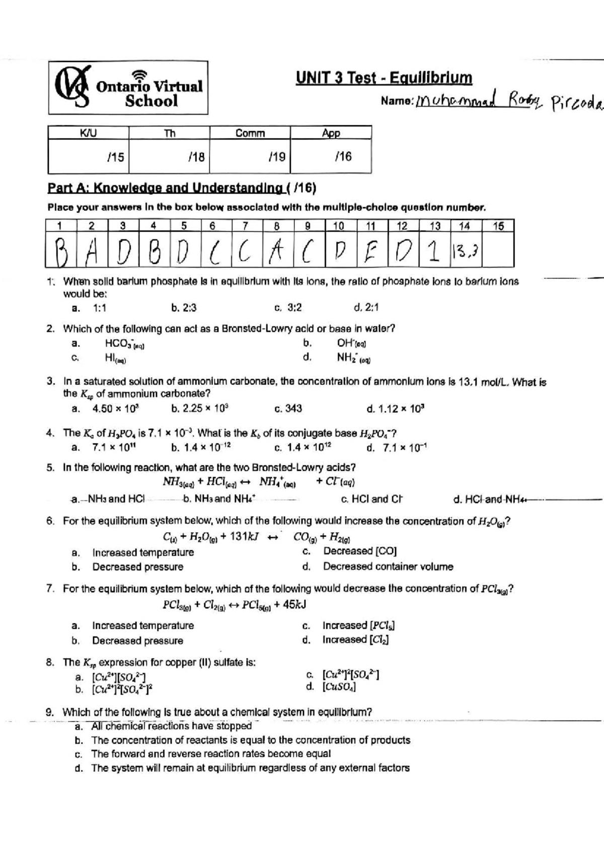Unit 3 Test - OVS Grade 12 Chemistry: Equilibrium Concepts and ...