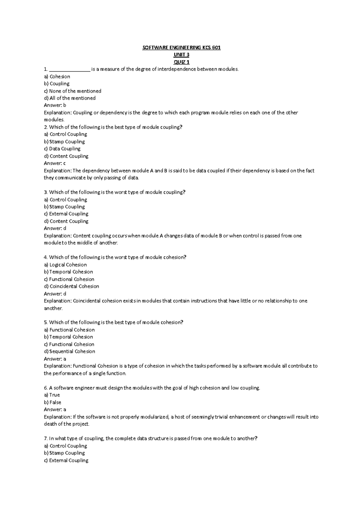 Software engineering Unit 3 mcq - SOFTWARE ENGINEERING KCS 601 UNIT 3 ...