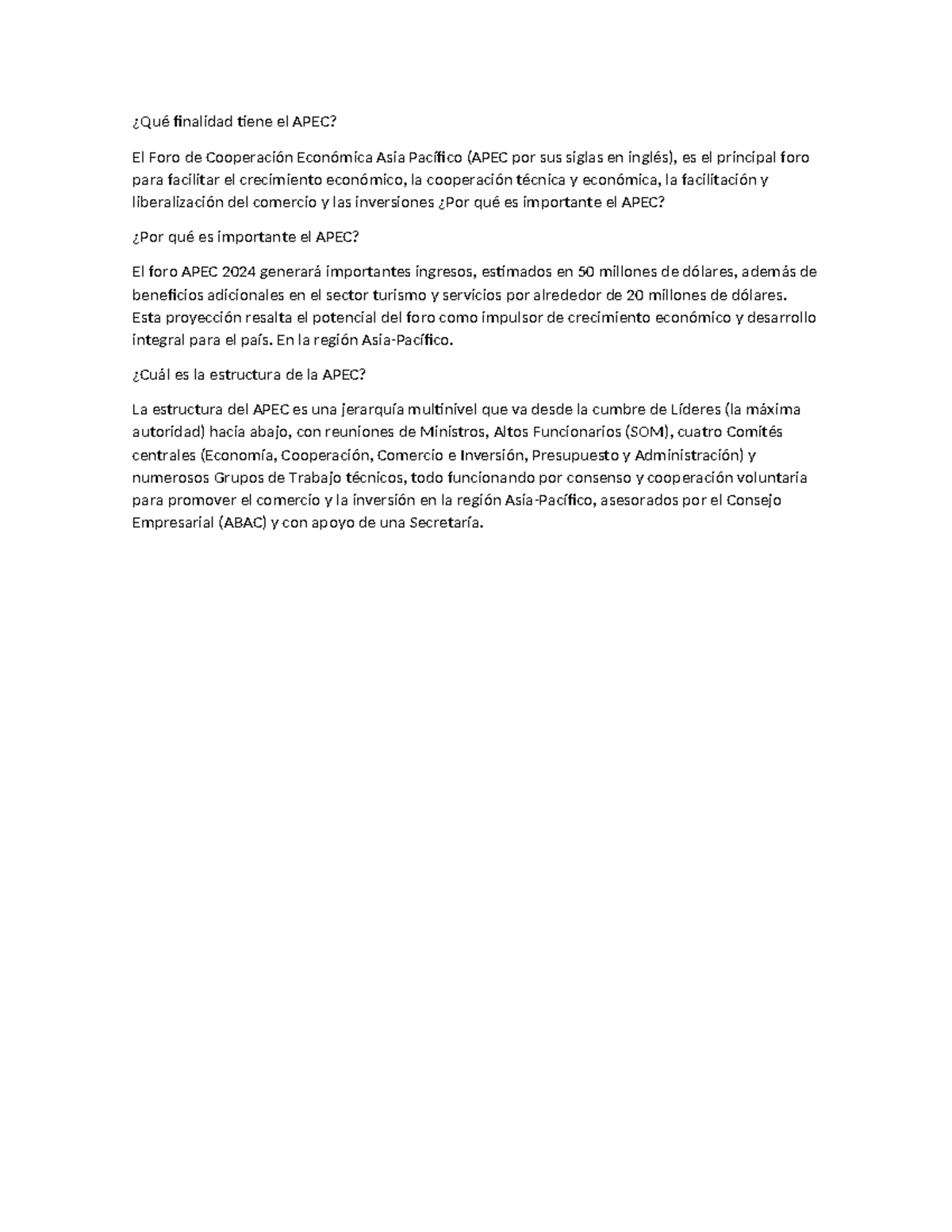 APEC: Importancia y Estructura del Foro de Cooperación Económica - Studocu