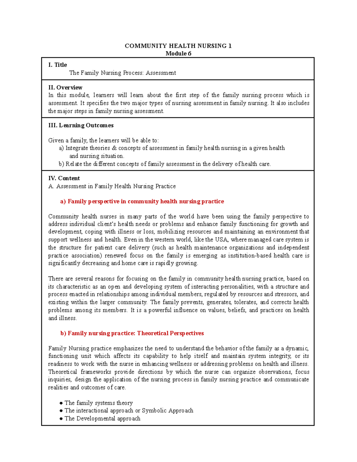 CHN 1: Module 6 - Family Nursing Process & Assessment Overview - Studocu
