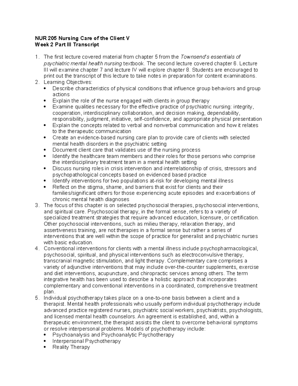 NUR 205 Nursing Care of the Client V Week 2 Lecture Transcript - Studocu