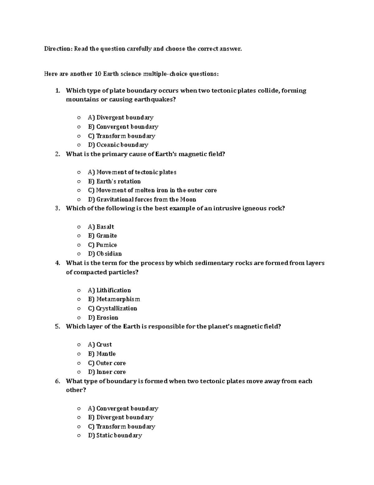 Y77 - Earth Science Quiz: Plate Tectonics & Geological Processes - Studocu