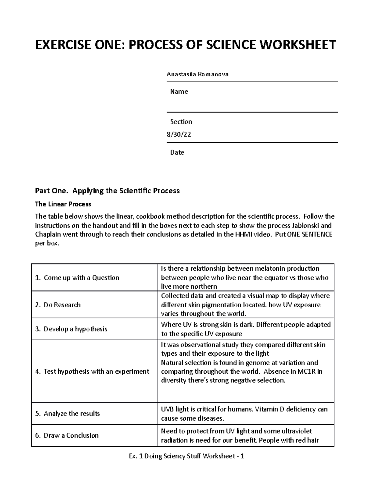 BIO 120 Exercise One Process of Science Worksheet F2022 - EXERCISE ONE ...