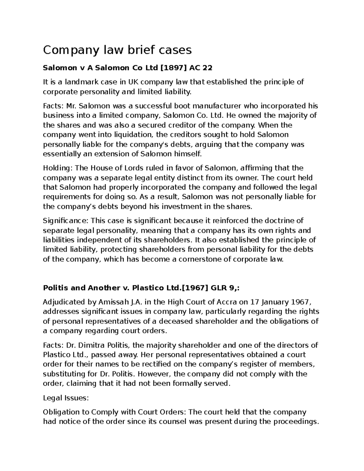 Company Law Cases: Key Legal Principles and Landmark Rulings - Studocu