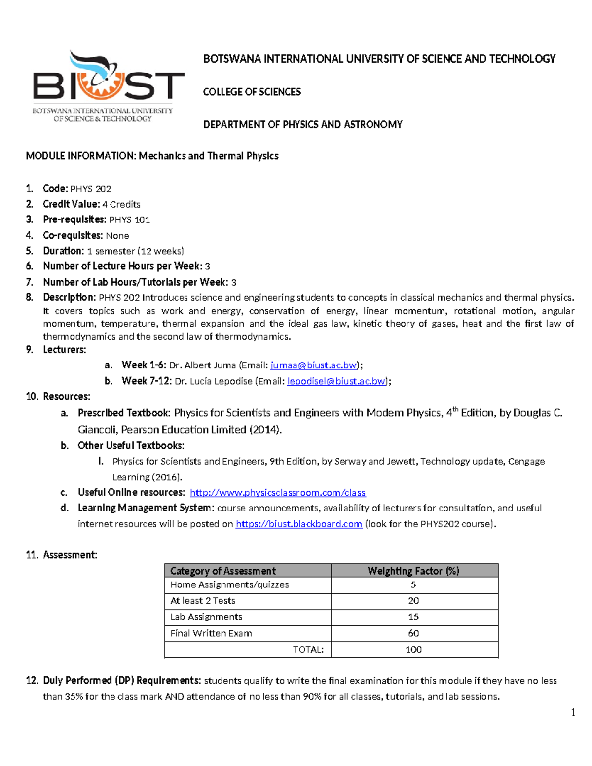 PHYS 202 Year 2 Semester 1 Mechanics & Thermal Physics Guide - Studocu