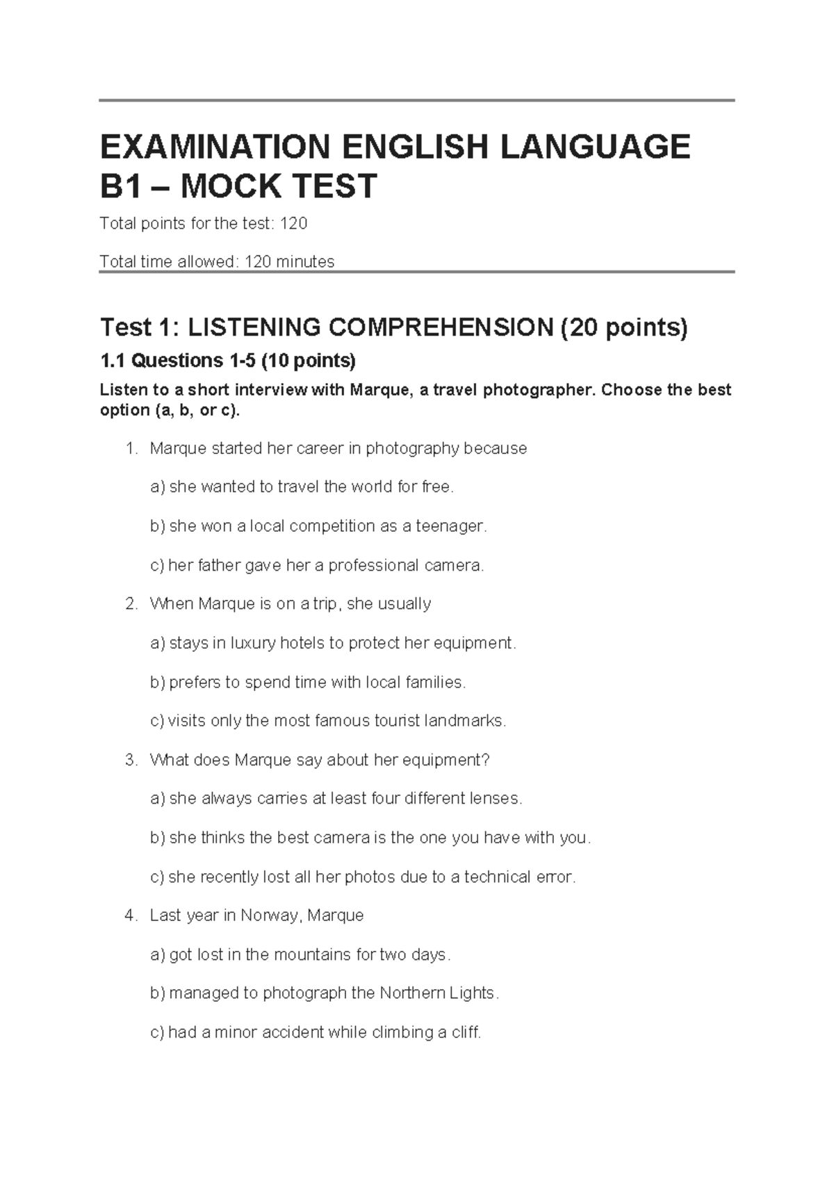 B1 ENGLISH LANGUAGE MOCK TEST: COMPREHENSION & WRITING EXAM - Studocu