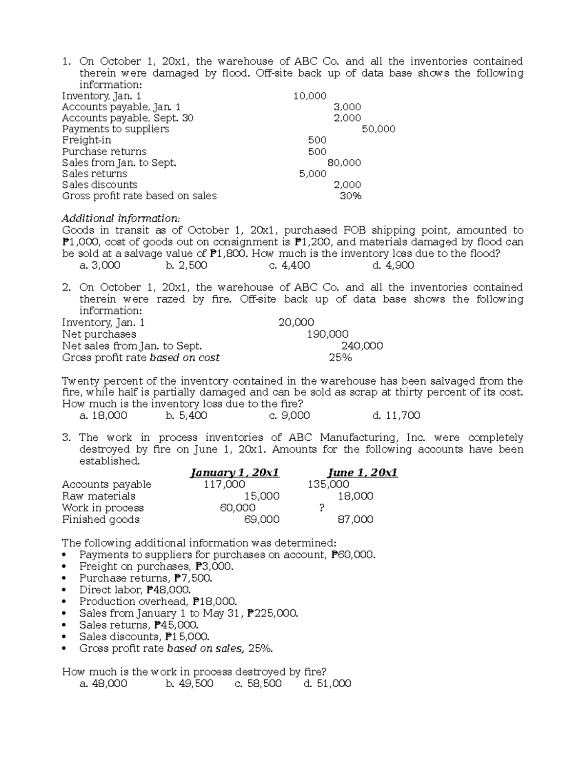 Inventory prob and ans - Inventories - 1. On October 1, 20x1, the warehouse of ABC Co. and all ...