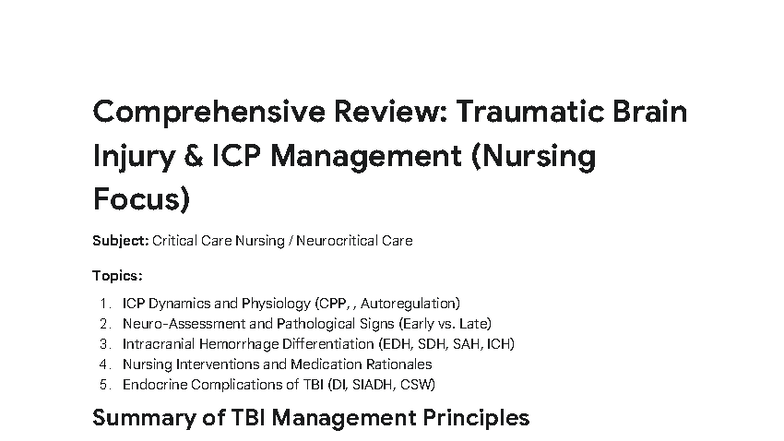 Neurocritical Care Review: ICP Management in TBI (CCN 101) - Studocu
