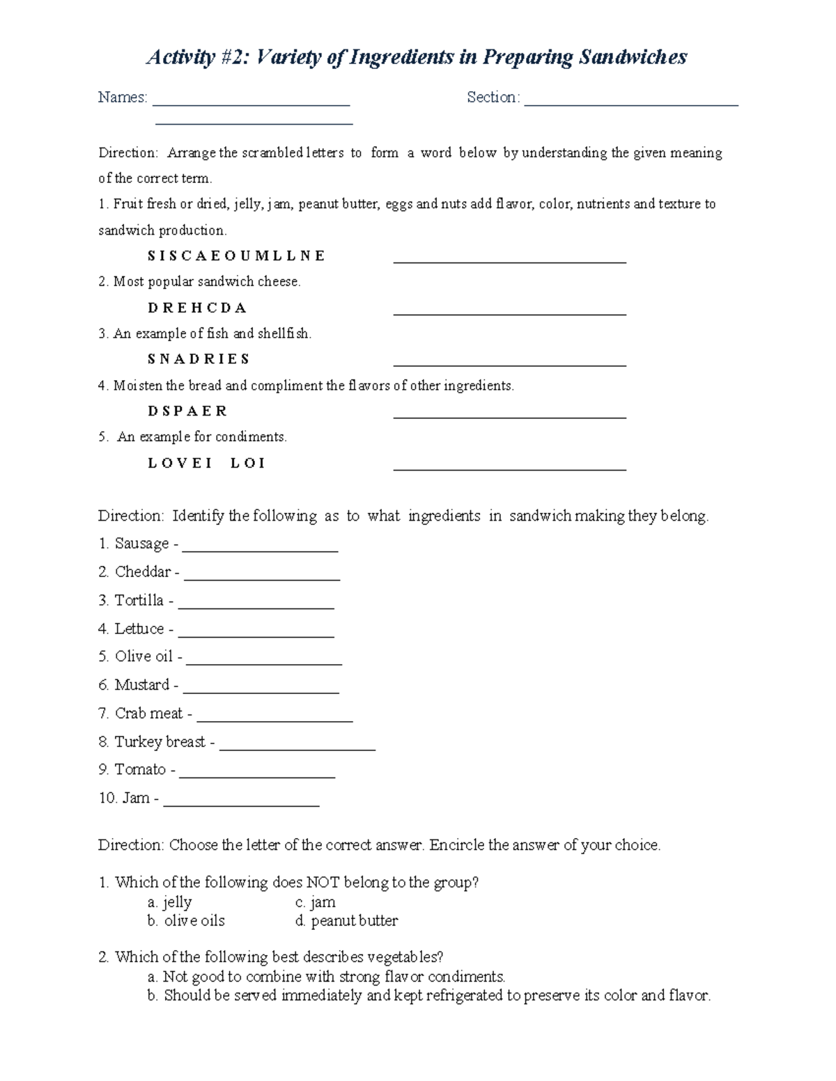 Cookery 9 3rd Quarter: Understanding Sandwich Ingredients Activity ...
