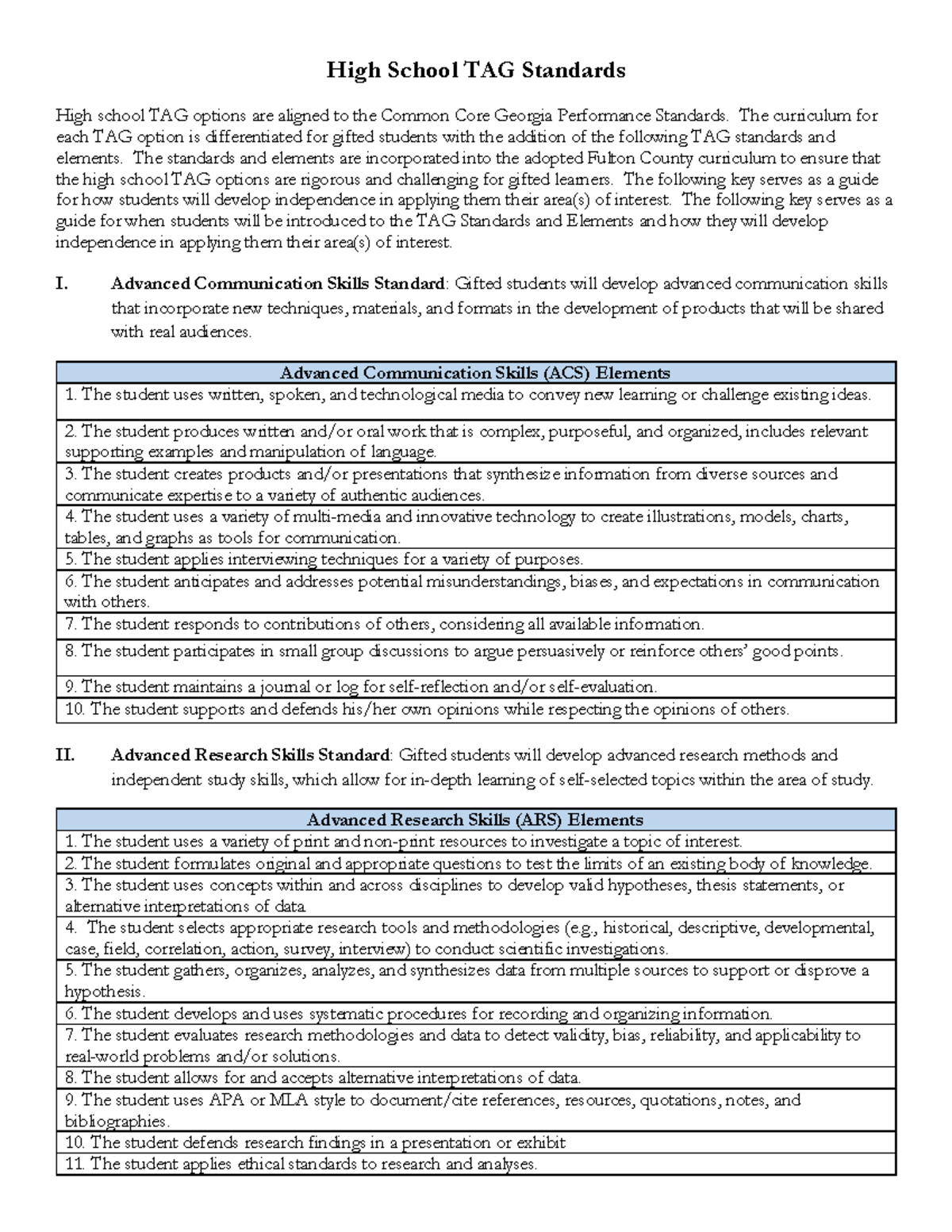 High School TAG Standards: Advanced Skills for Gifted Learners - Studocu