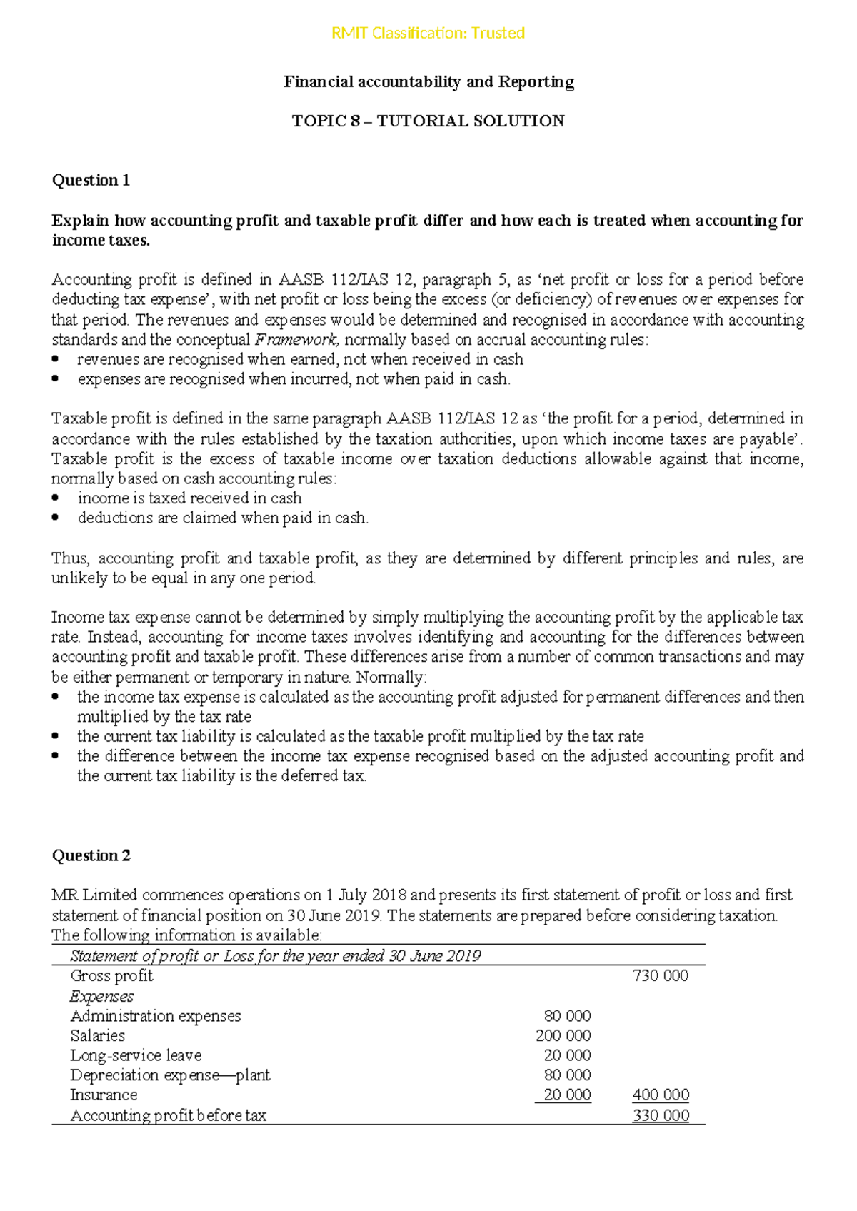 RMIT Classification: Trusted Tutorial 8 Solutions on Financial ...
