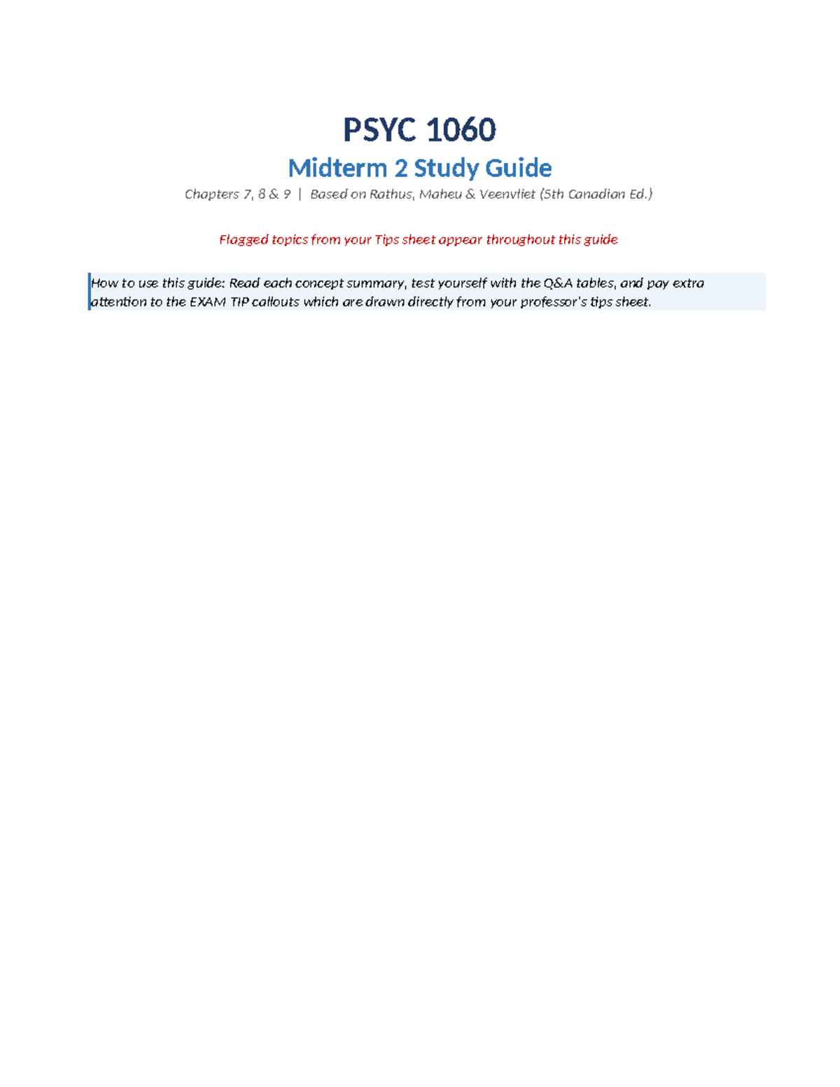PSYC 1060 Midterm 2 Study Guide: Key Concepts from Chapters 7-9 - Studocu