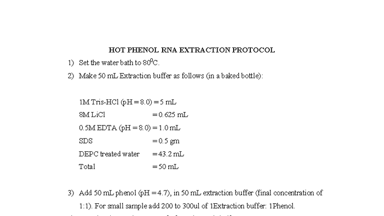 RNA Extraction Protocol Using Hot Phenol - Studocu