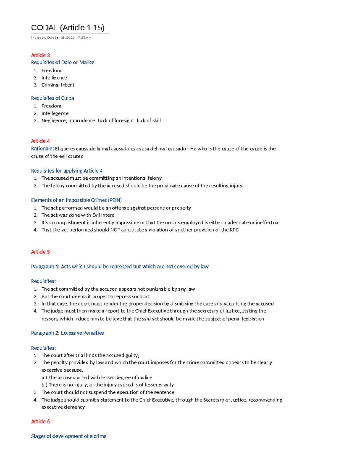 CODAL (Article 1) - Requisites of Dolo, Culpa, and Stages of Crime ...