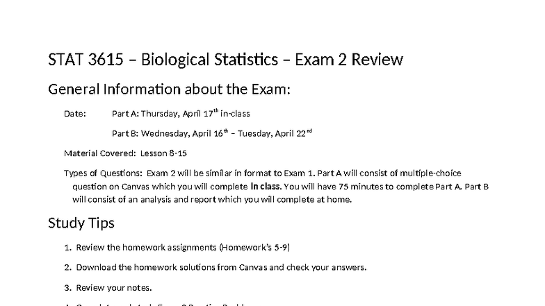 STAT 3615 Biological Statistics Exam 2 Study Guide - Studocu