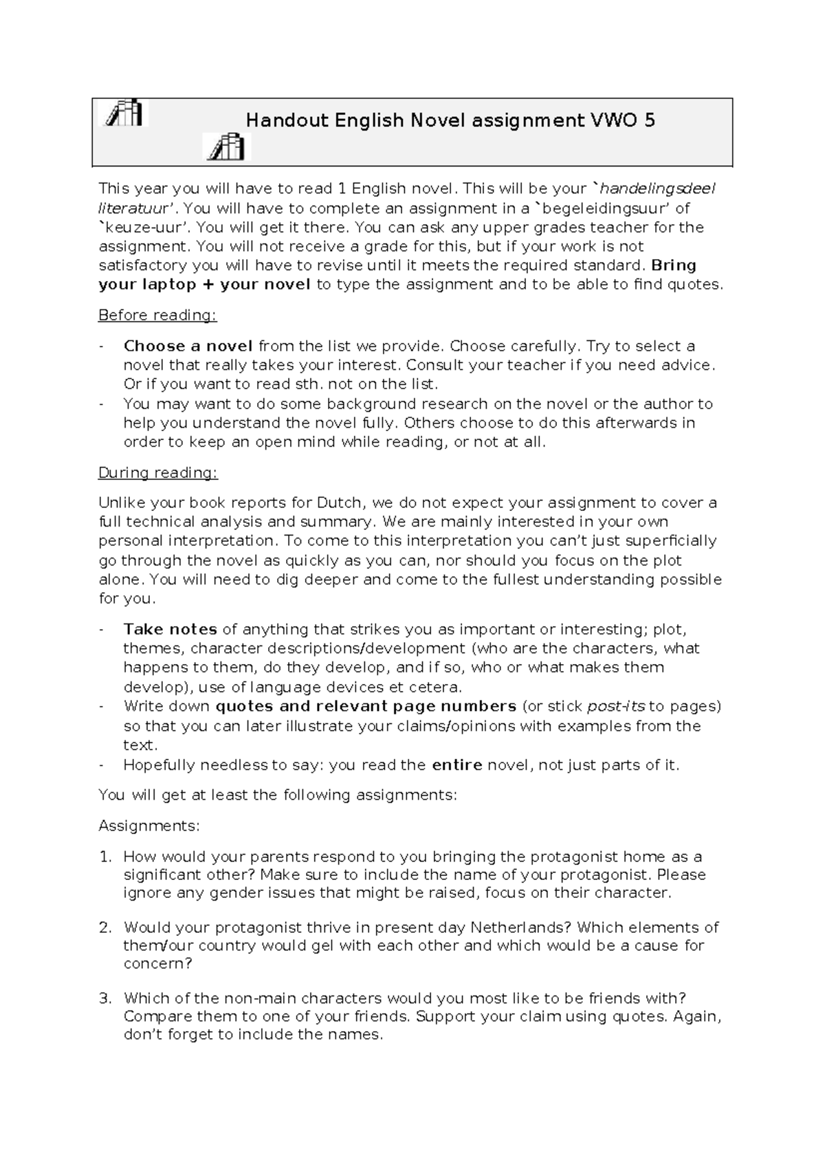 English Novel Assignment Handout VWO 5 (2024-2025) - Studeersnel