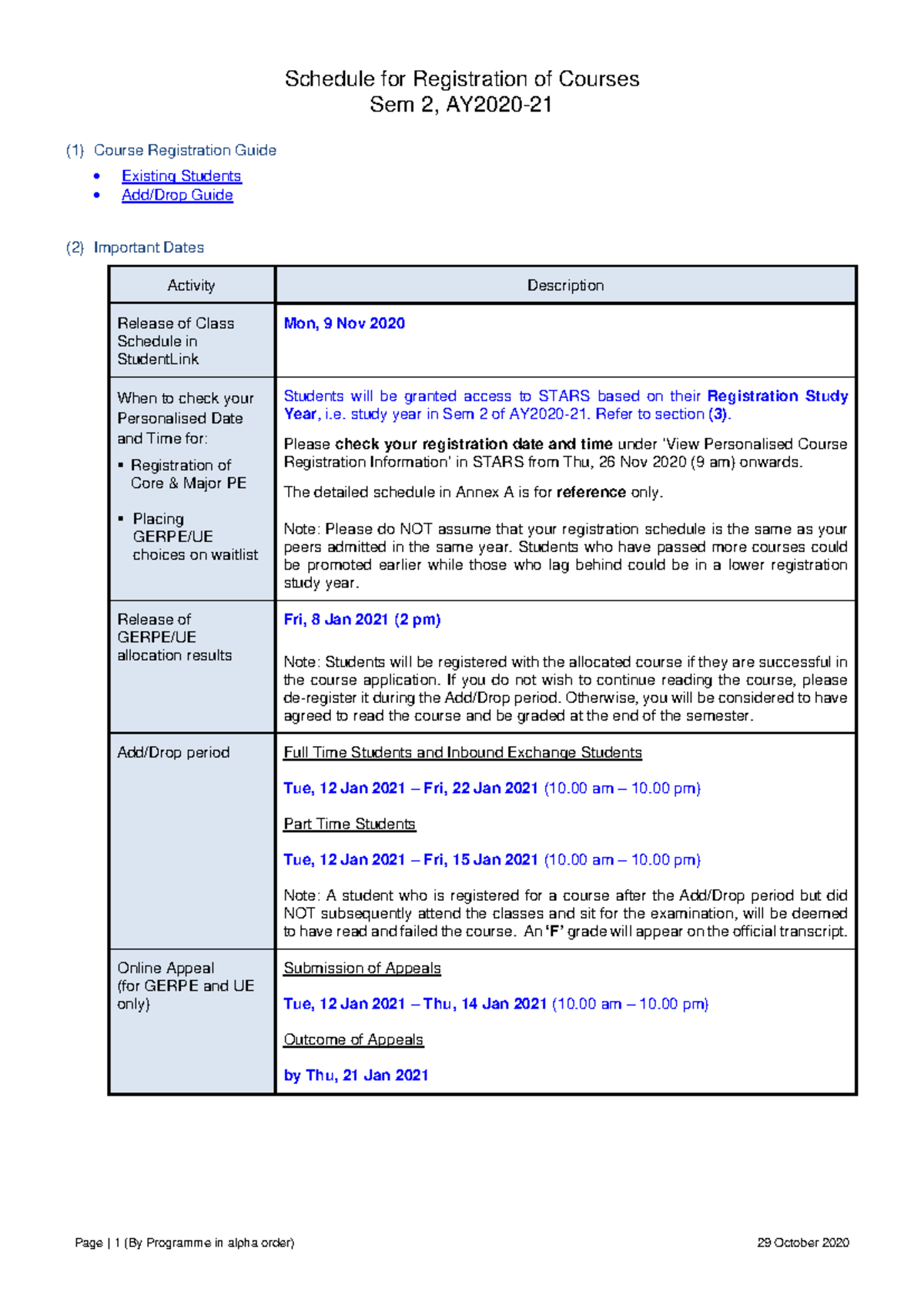 Schedule for Course Registration S2 AY 2020-21 - by Programme ...