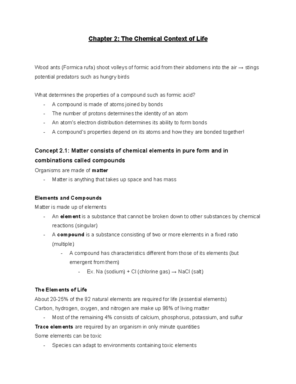 AP Biology Notes: Chapter 2 - The Chemical Context of Life - Studocu