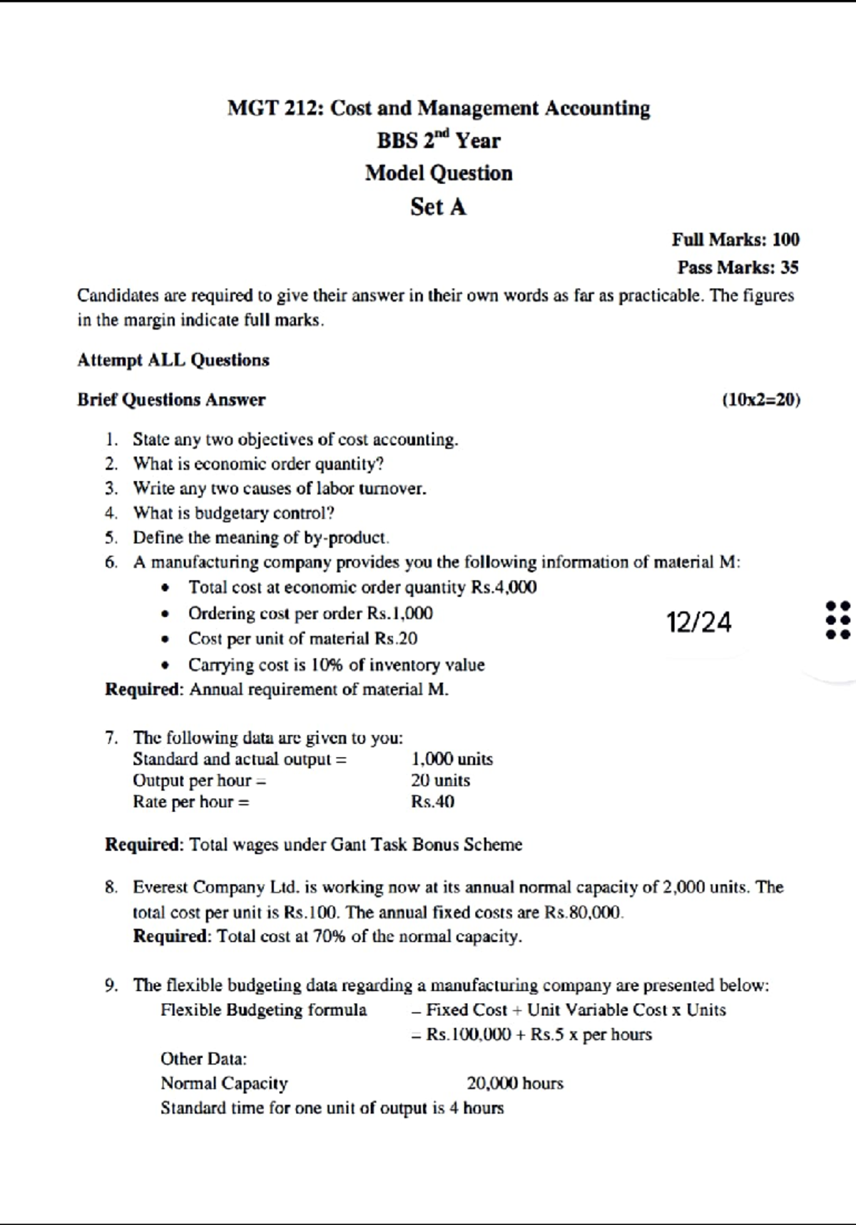 MGT 212: Cost and Management Accounting 2022 Model Question Set A - Studocu
