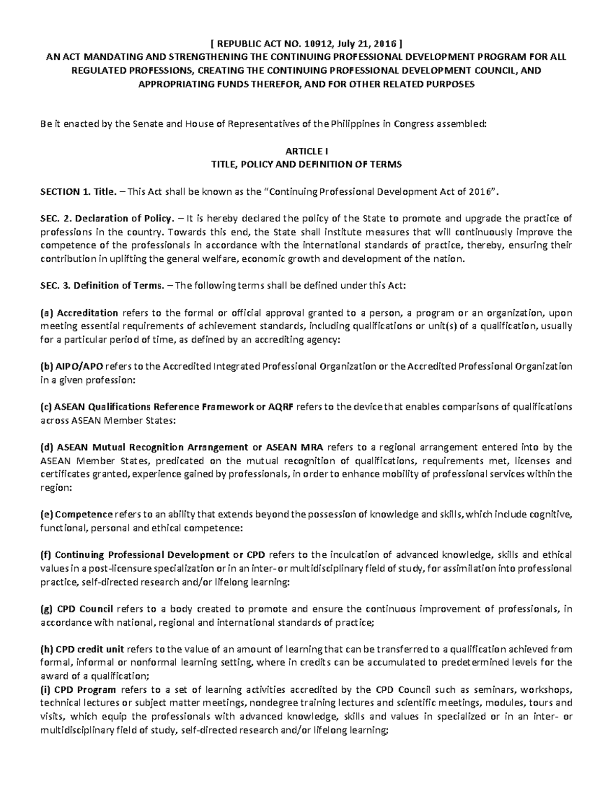 Republic Act No. 10912: Strengthening CPD for Regulated Professions ...