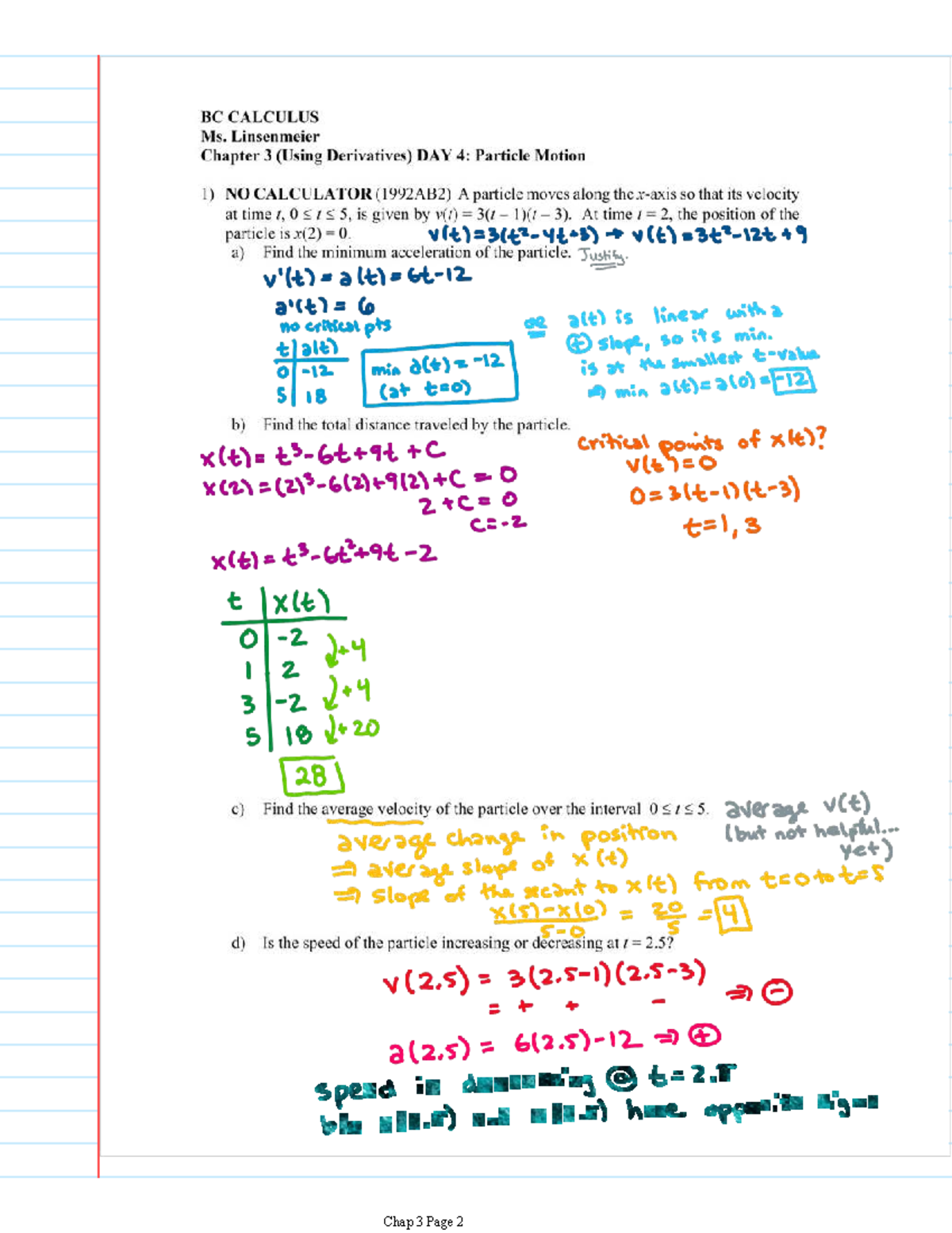 BC CALCULUS Ms. Linsenmeier Chapter 3 Day 4: Particle Motion Analysis ...